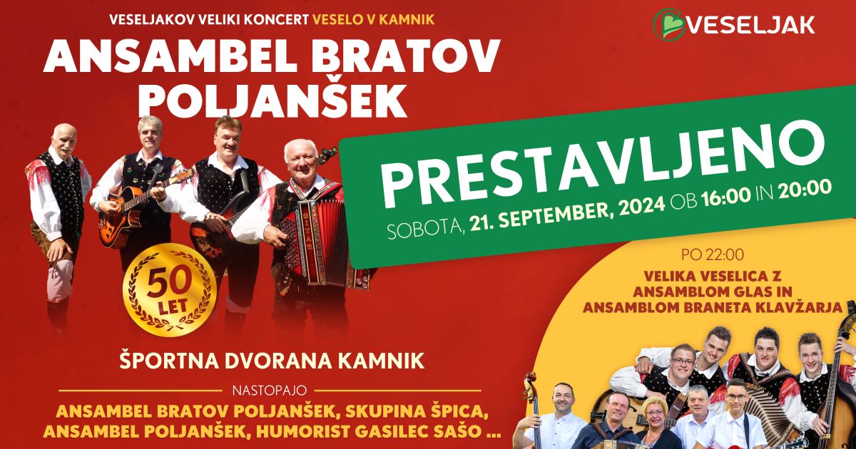 Koncerta ob 50 letnici Ansambla bratov Poljanšek prestavljena - Veseljak.si